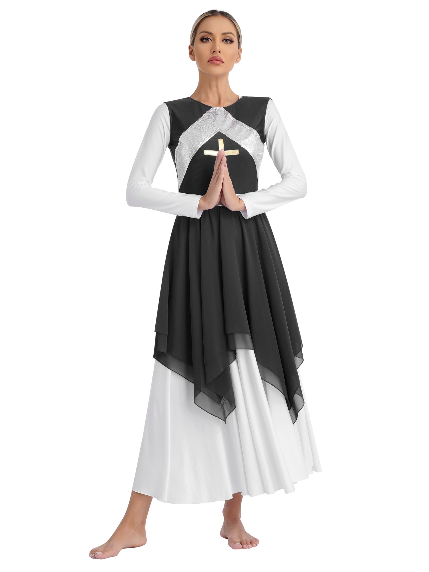 Doomiva Womens Liturgical Praise Dance Dress Metallic Shiny Cross ...