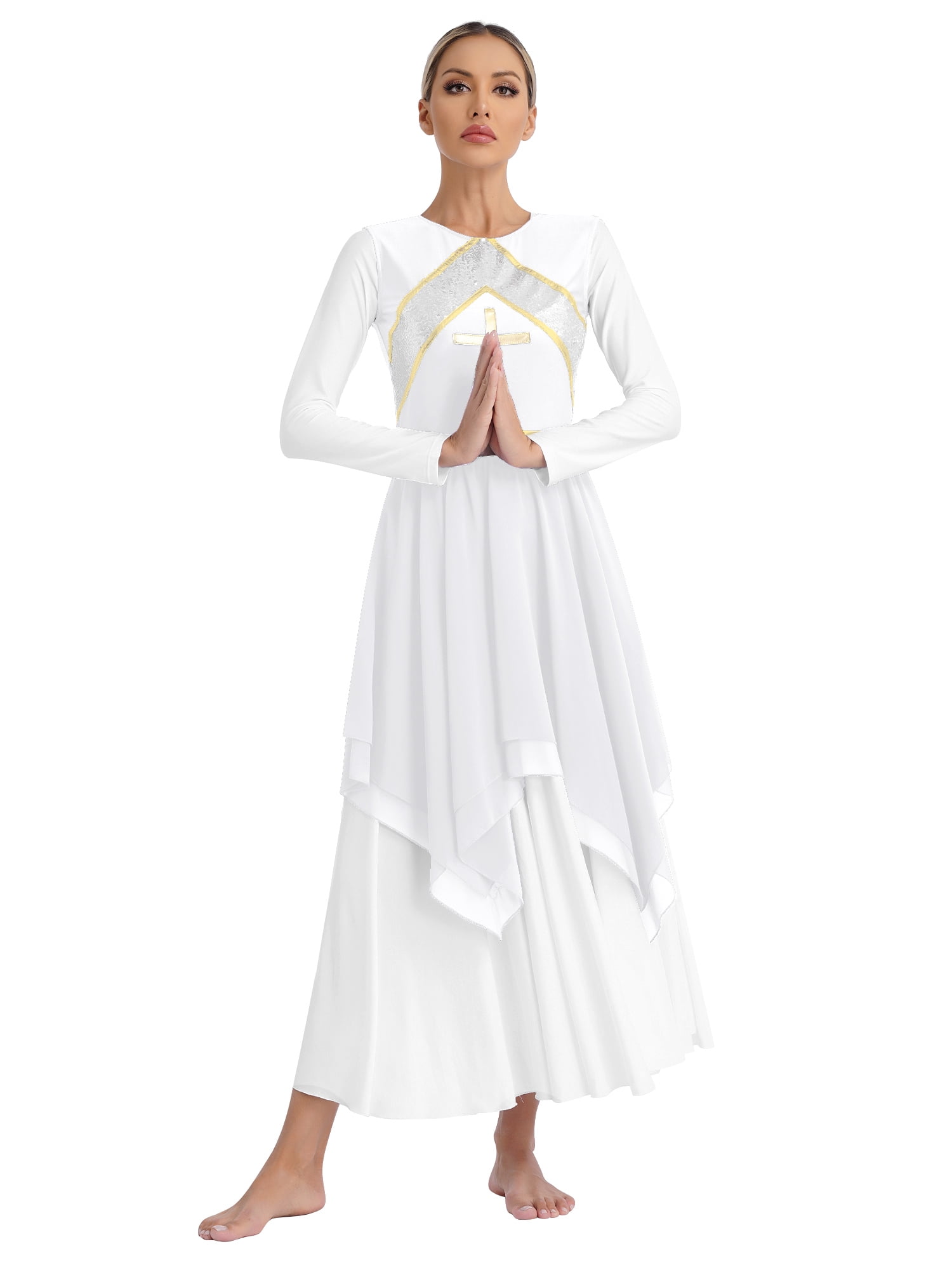 Doomiva Womens Liturgical Praise Dance Dress Metallic Shiny Cross ...