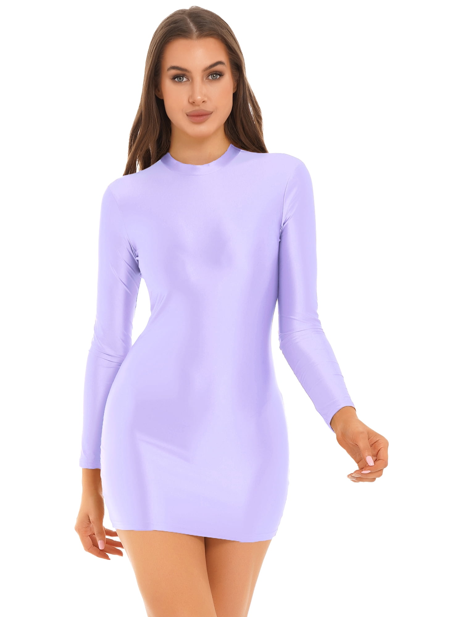 Doomiva Womens Oil Glossy Tight Shiny Micro Mini Dress Long Sleeve ...
