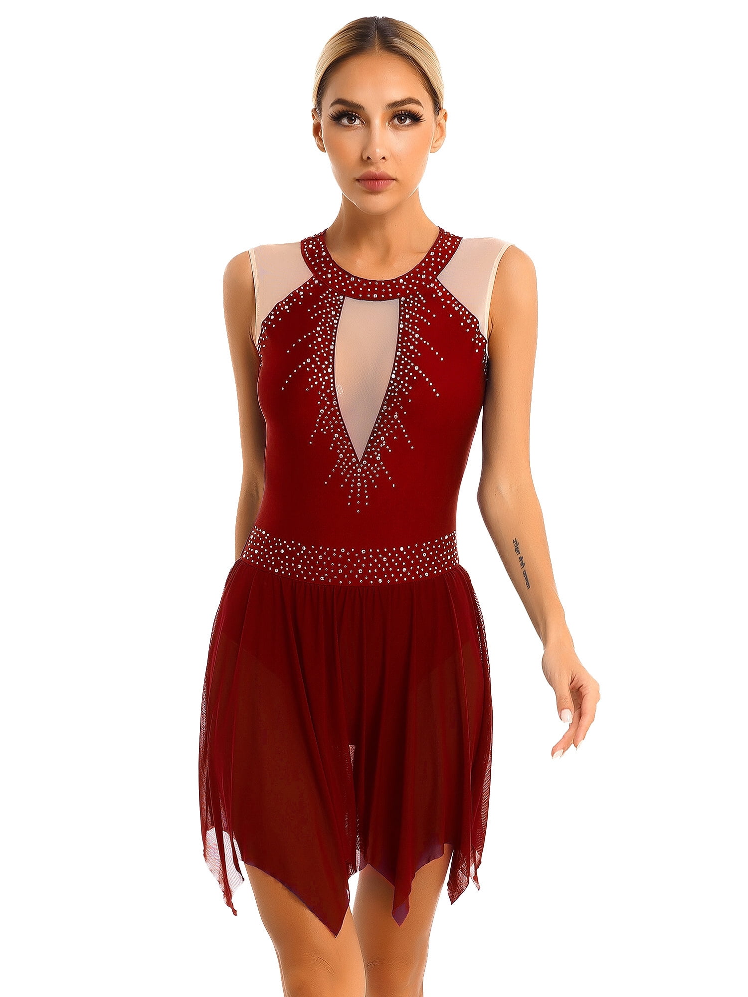 Doomiva Womens Shiny Rhinestone Sleeveless Figure Skating Dance Dress ...
