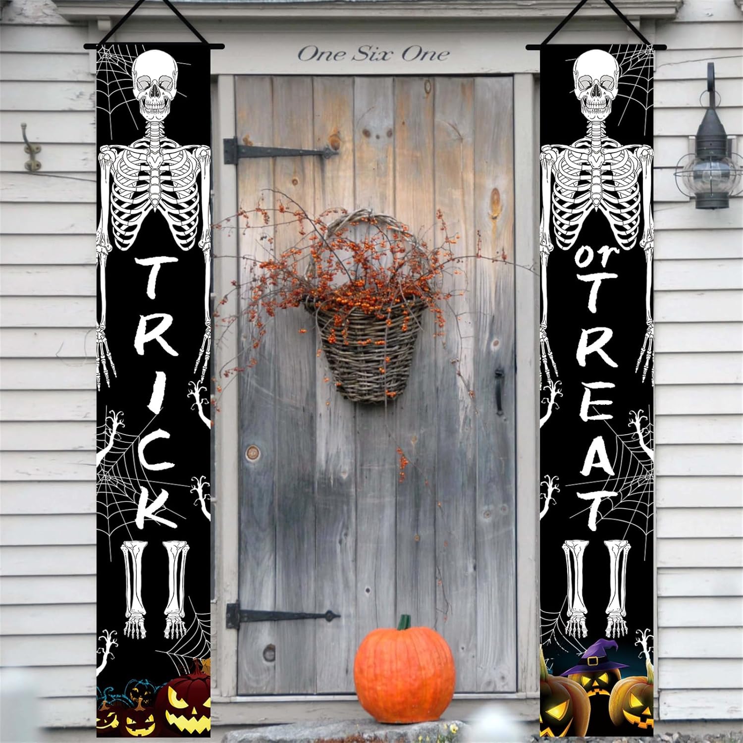 Door Banner Trick or Treat Porch Sign Banners Black Pumpkin Scarecrow ...