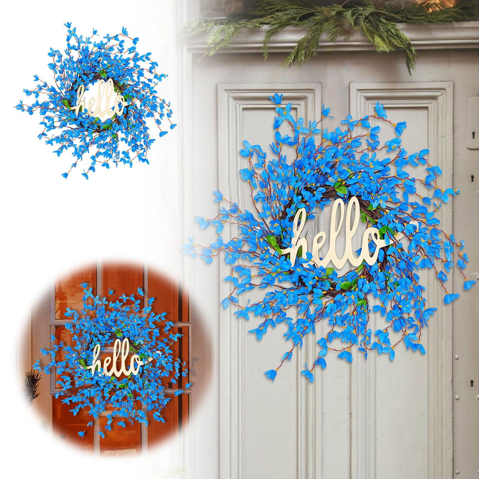 Door Blue Wreaths, Lively Flower Wreath, Hello Artificial Flower Wreath ...