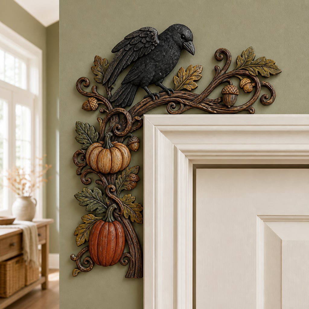 Door Corner Sign Raven Pumpkin Fall Wood Entryway Door Topper Halloween ...