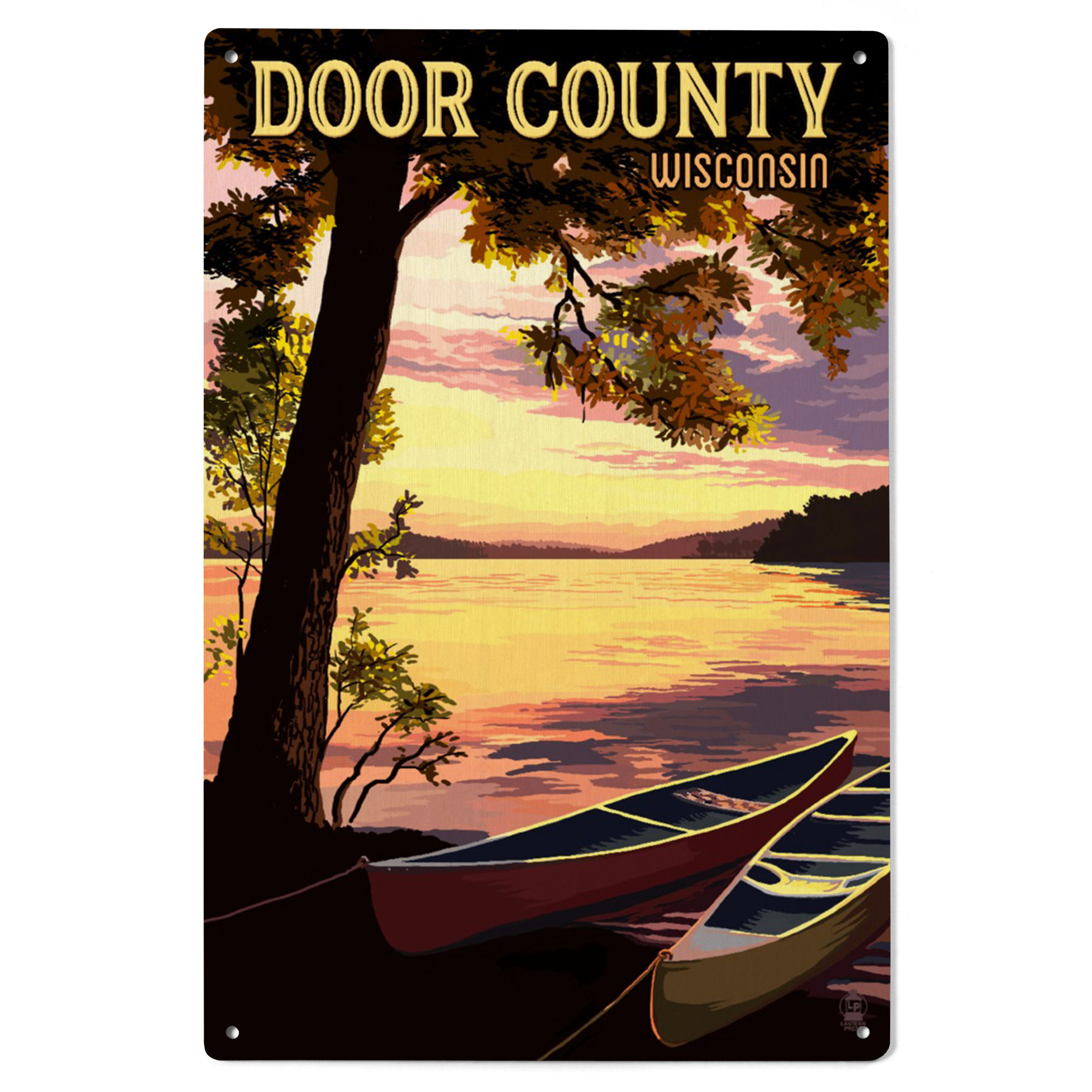 Door County, Wisconsin, Canoe and Lake at Sunset Birch Wood Wall Sign ...