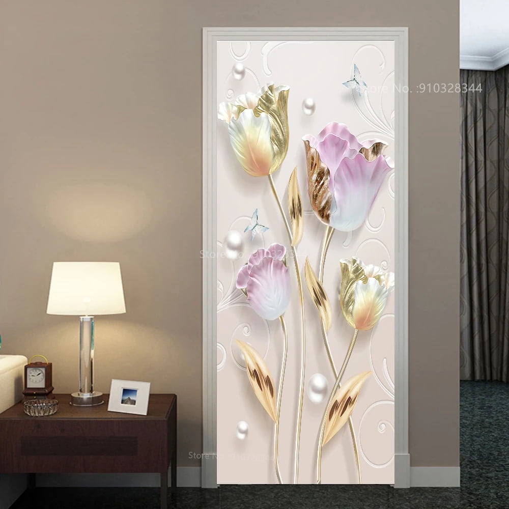Door Cover Sticker Glass Self Adhesive Door Flower 3D Door Posters DIY ...