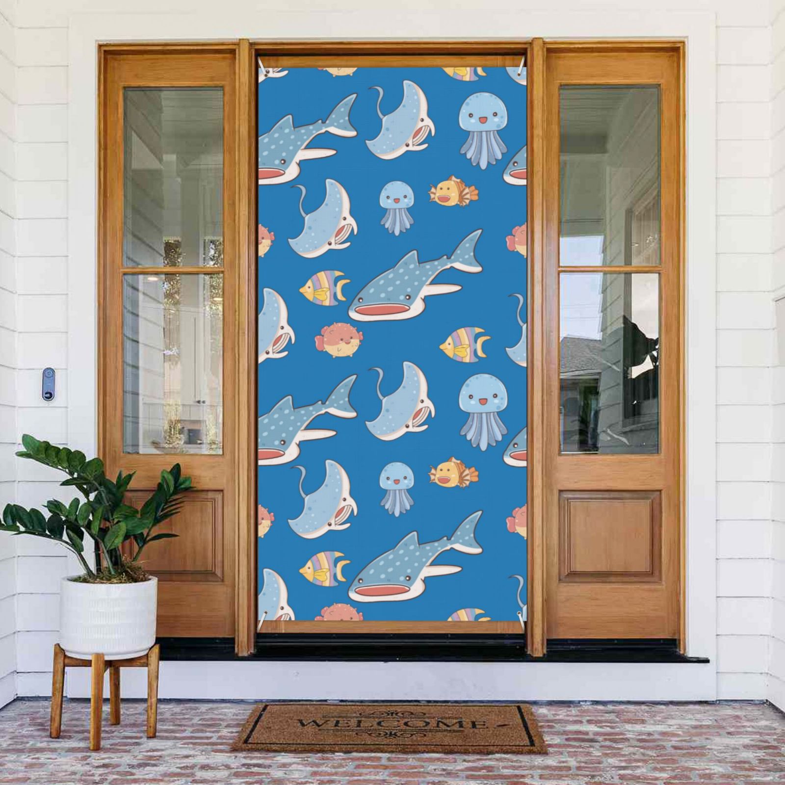 Door Covers Decorative - Ocean Cute Shark Jellyfish Fish Door Banner ...