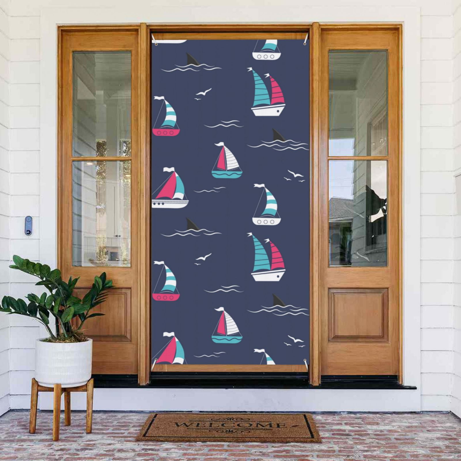 Door Covers Decorative - cartoon boat shark fins blue Door Banner ...