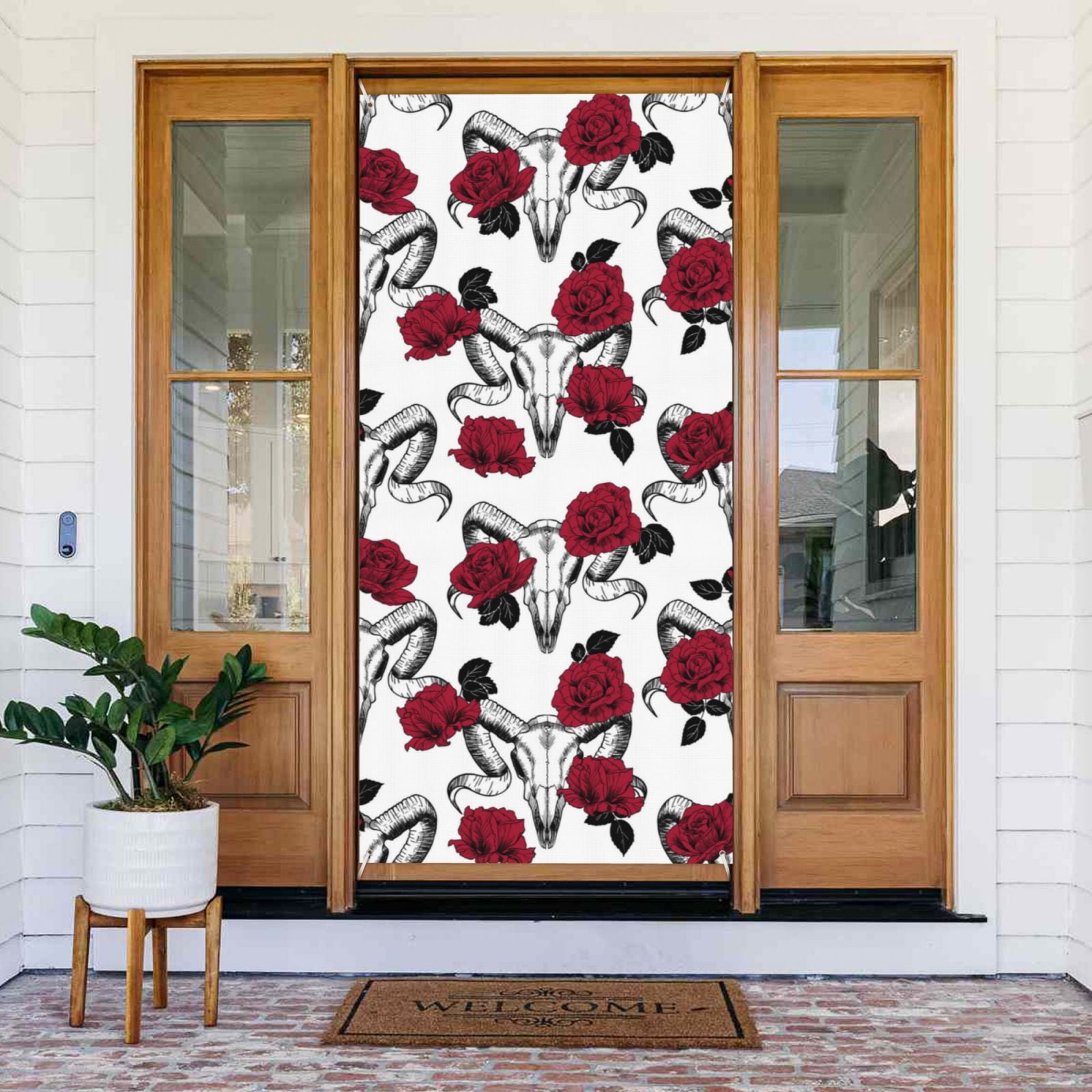 Door Covers Decorative - goat skull red roses white Door Banner ...