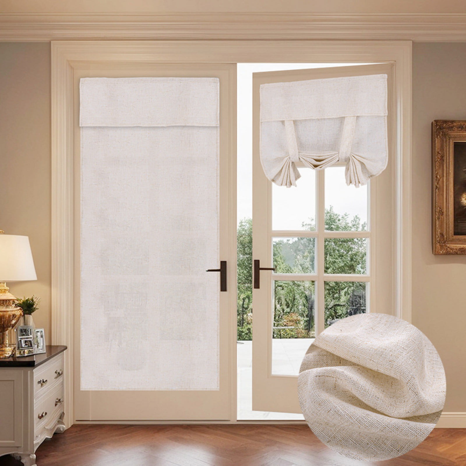 Door Curtains-Natural Linen Blended Semi Sheer French Door Curtain ...