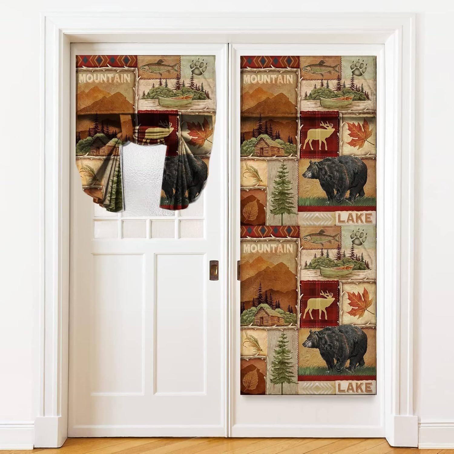 Door Curtains for Door Windows, Retro Vintage Moose Bear Cabin Door ...