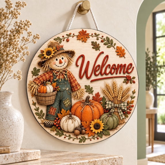 Door Hanger, Personalized Welcome Fall Scarecrow and 3D Pumpkin Design ...