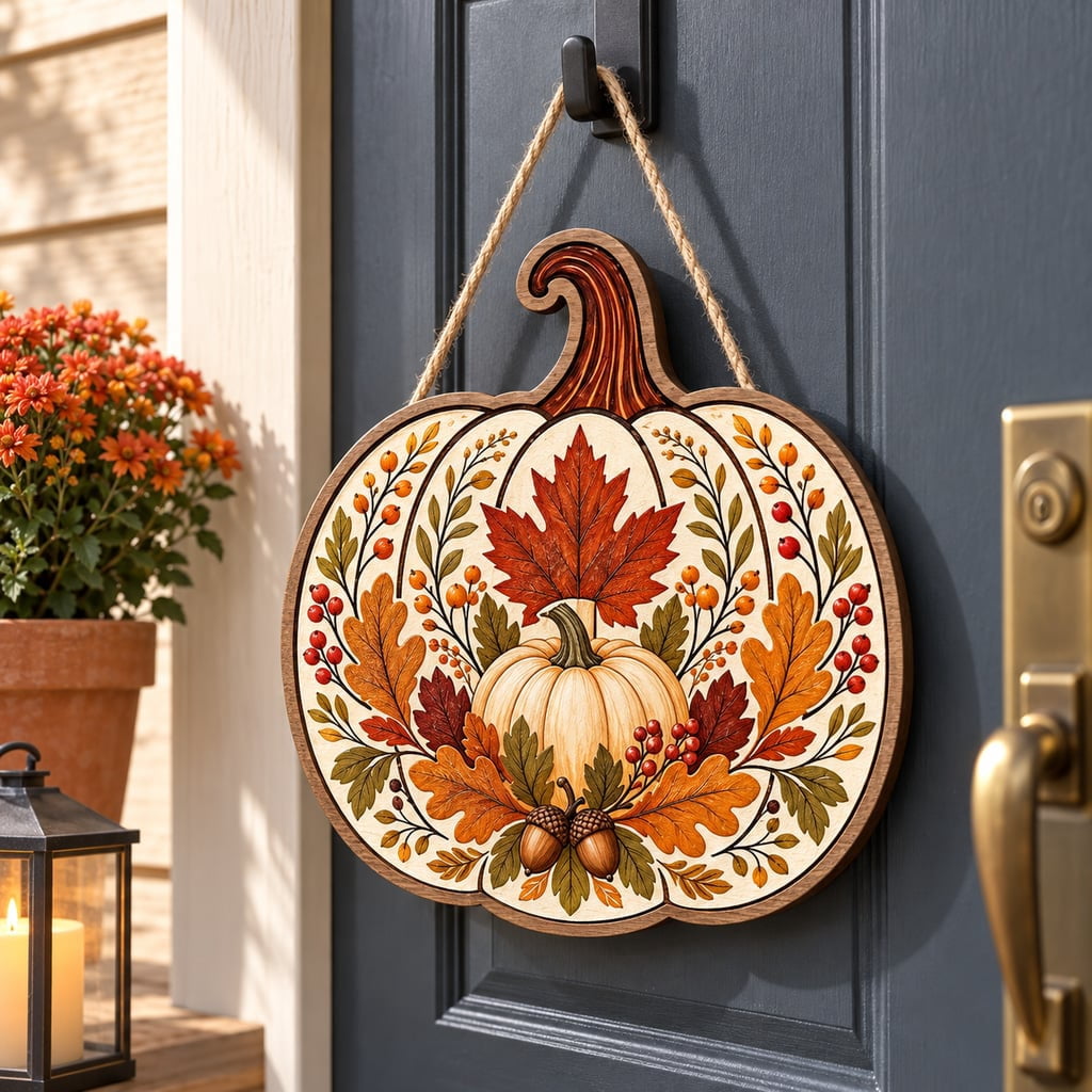 Door Hanger, Pumpkin Autumn Leaves Floral Wooden Front Door Fall Decor ...
