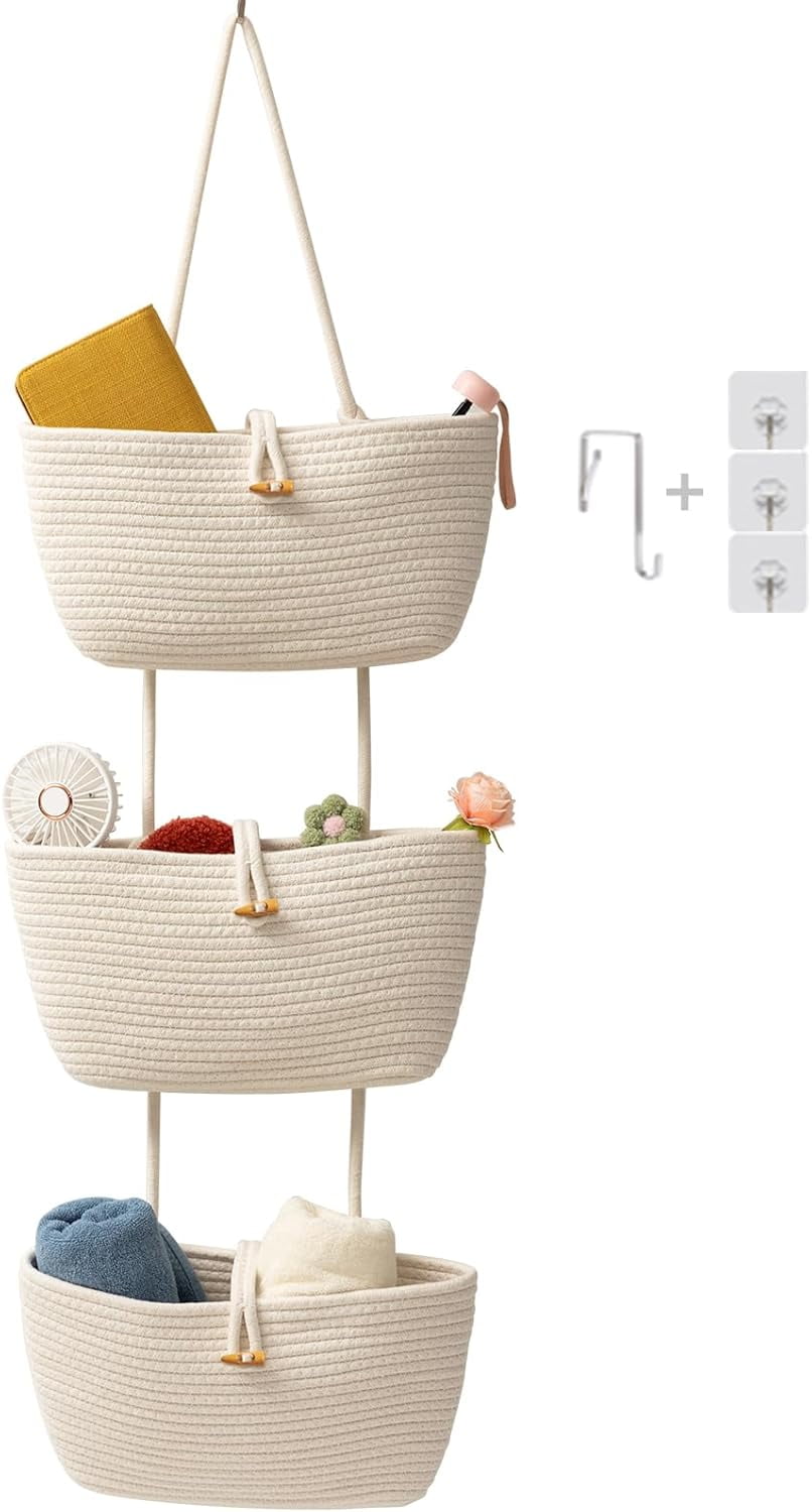 Over the Door Hanging Baskets with Button Strap, 3-Tier Woven Cotton ...