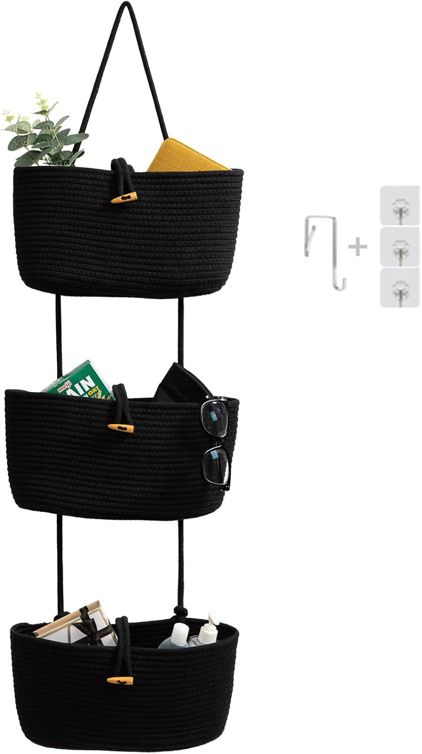 Over the Door Hanging Baskets with Button Strap, 3-Tier Woven Cotton ...