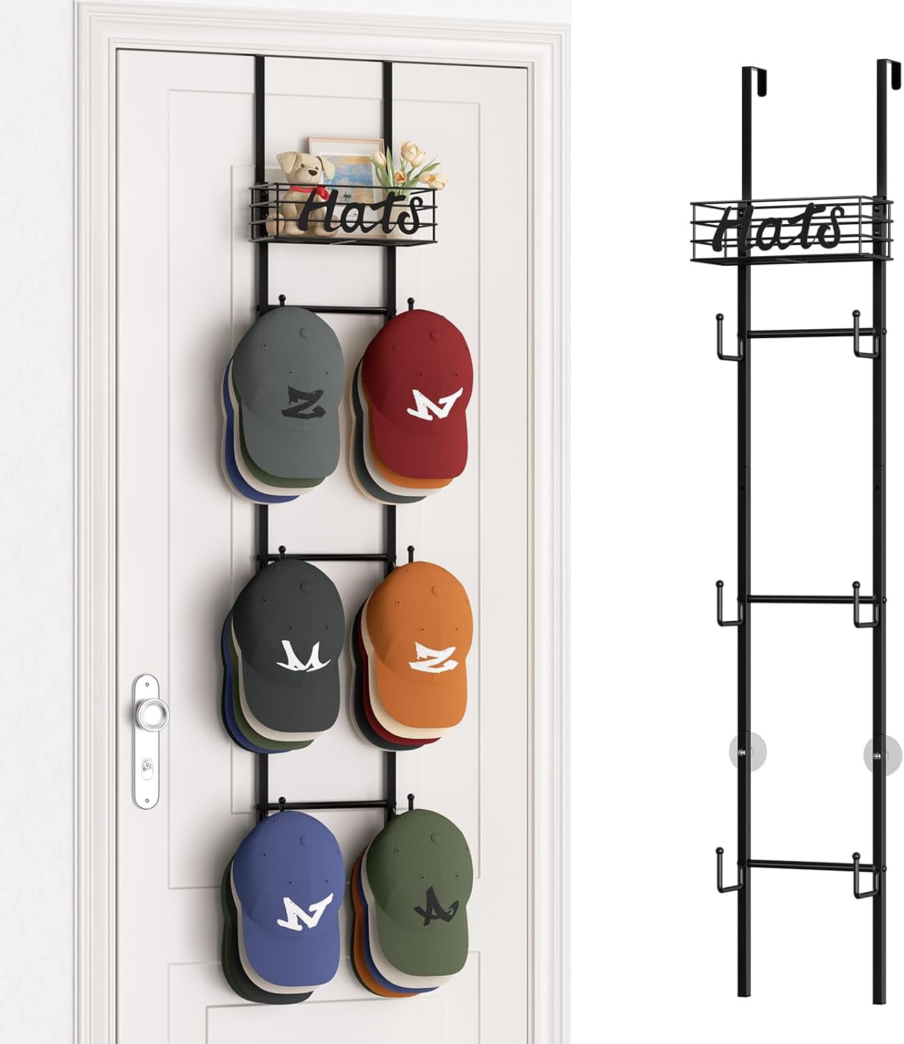 Over Door Hat Organizer - Wall Mounted Hat Rack with 6 Hooks and Metal Basket Design, Hanging ...
