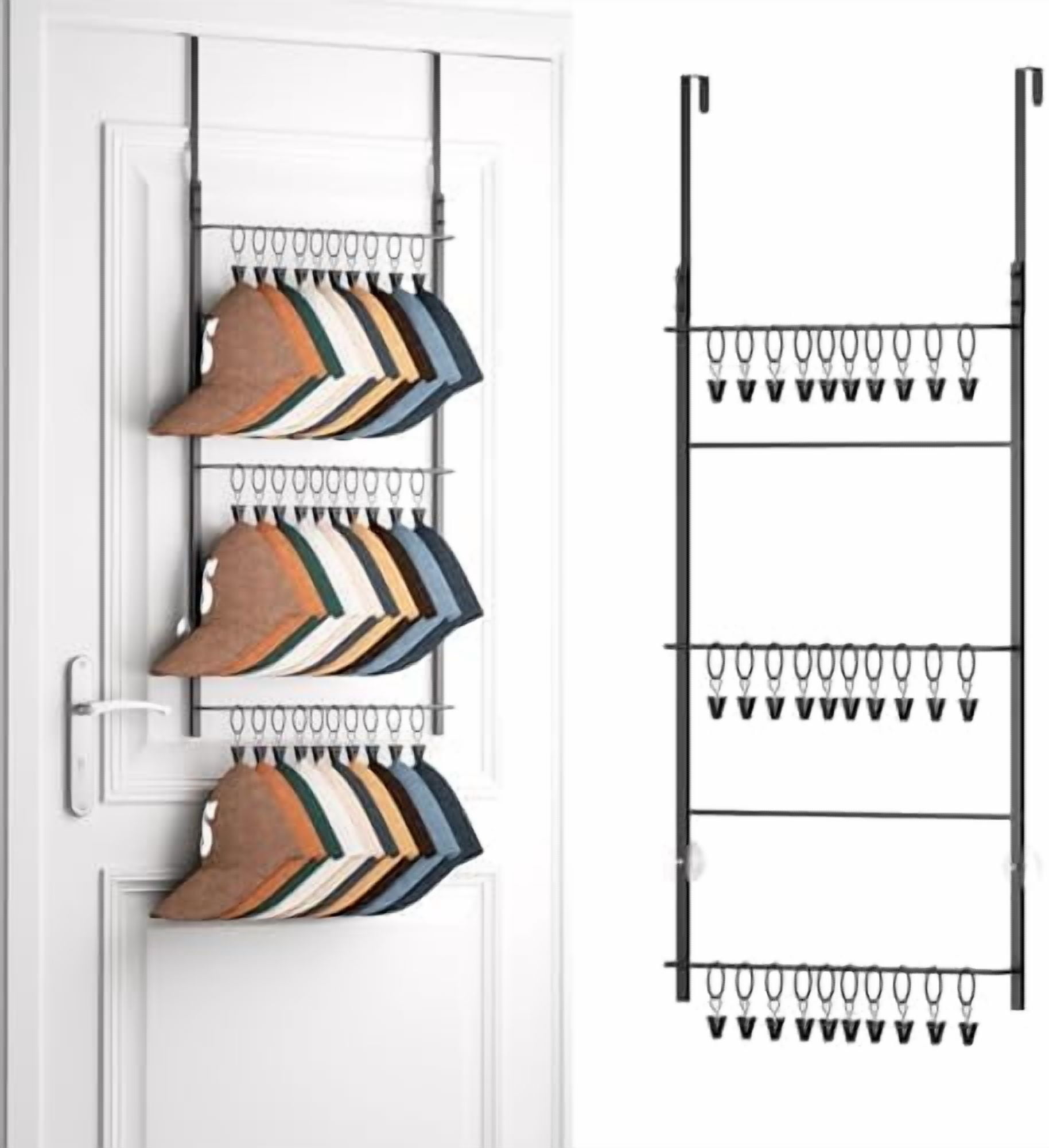 Over Door Hat Rack - 3 Tier Wall Mounted Hat Organizer with 30 Movable ...