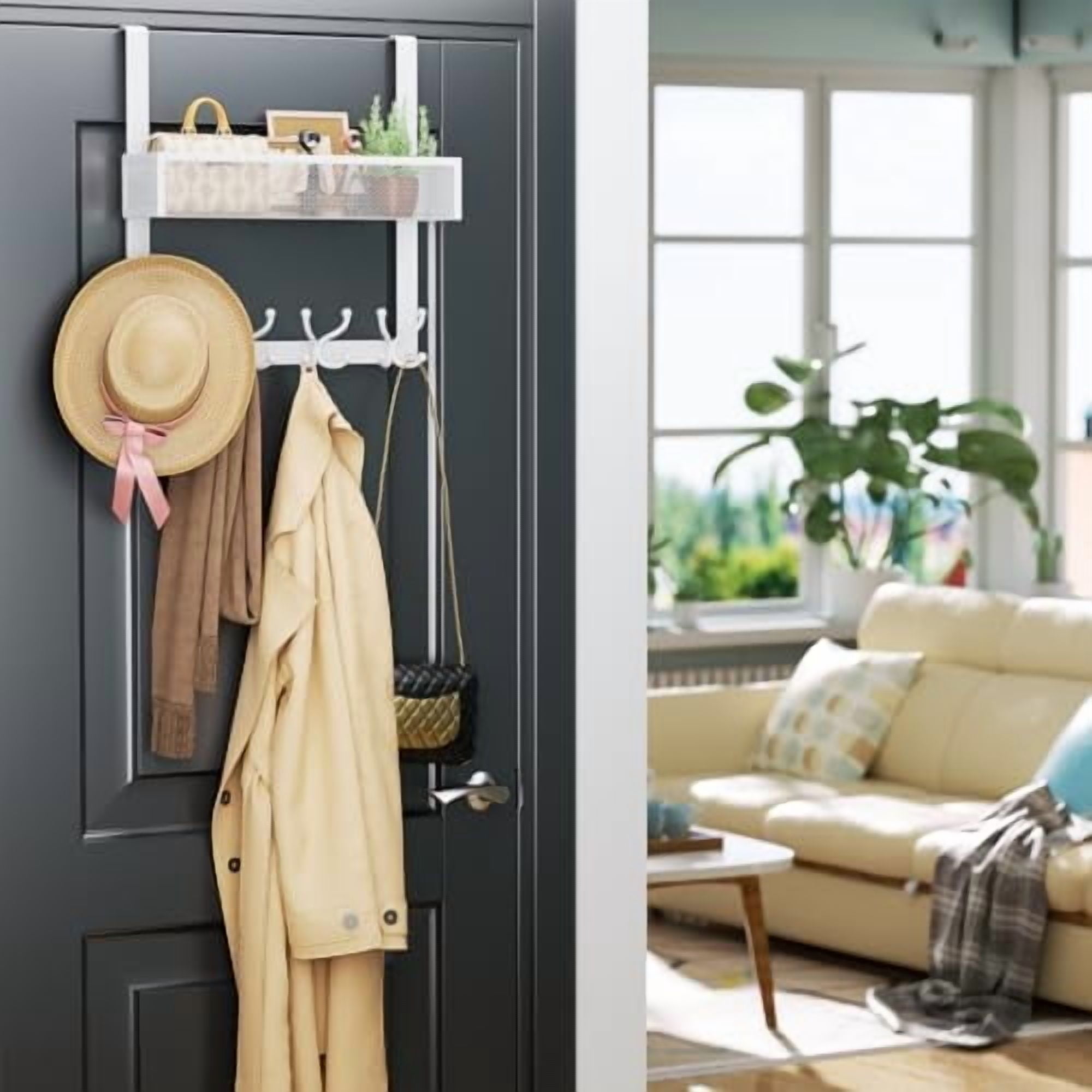 Over The Door Hooks Organizer - Door Hanger with Mesh Basket & 16 Coat ...