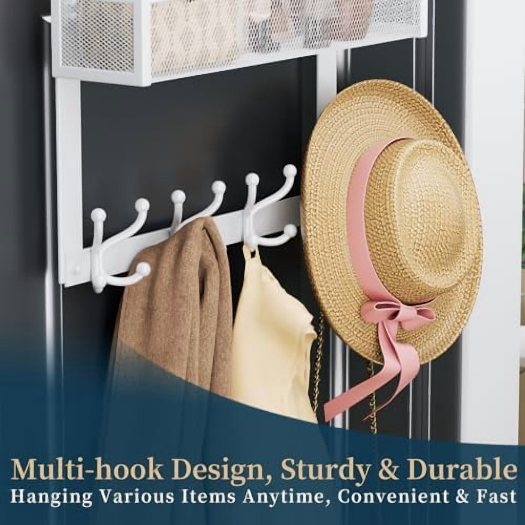 Over The Door Hooks Organizer - Door Hanger with Mesh Basket & 16 Coat ...