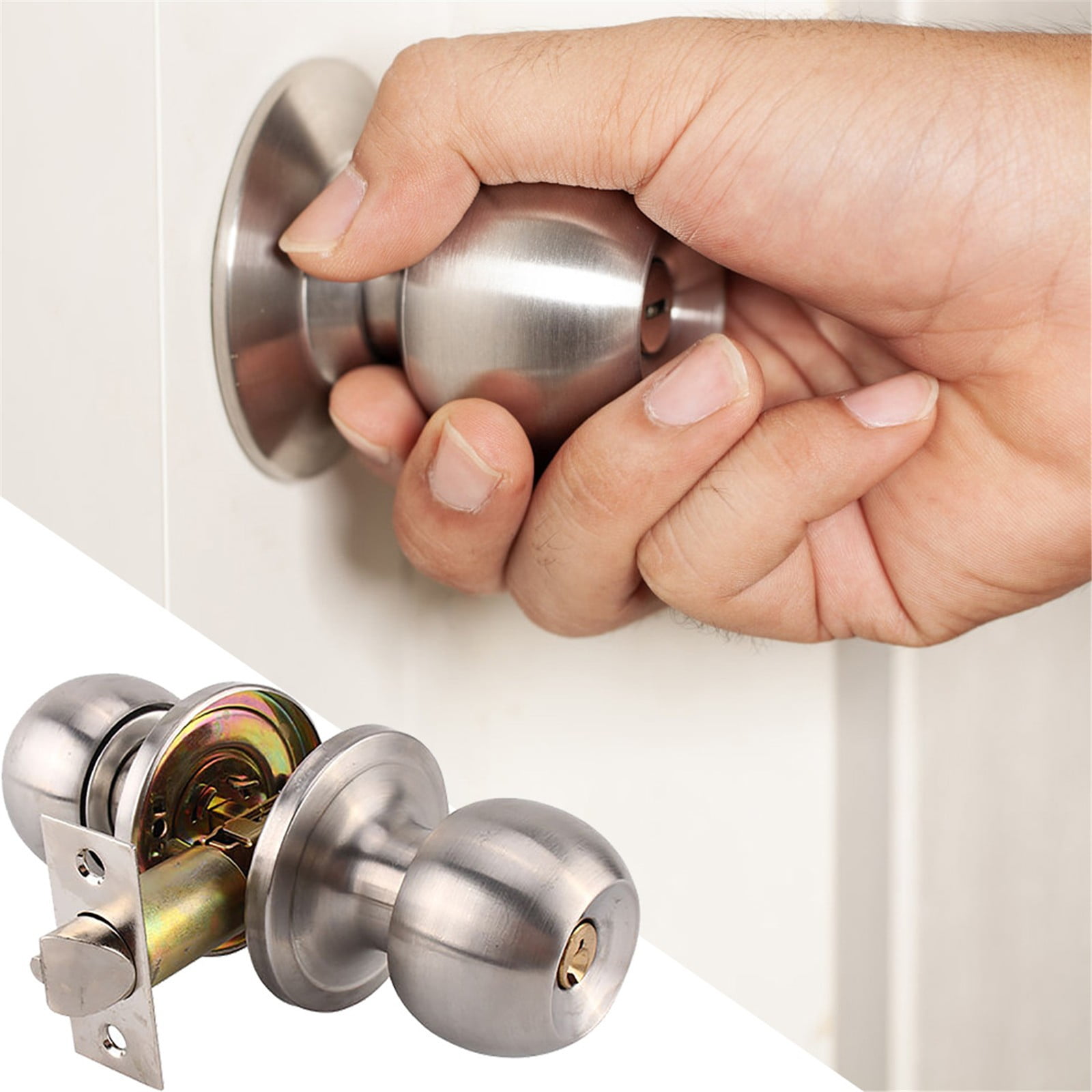 Door Knob With Lock Interior And Exterior Door Lock Standard Ball Satin ...