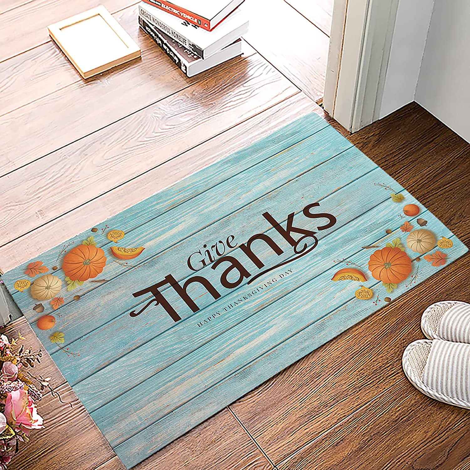 Door Mat for Bedroom Decor Thanksgiving Day Pumpkin and Leaves on Blue ...
