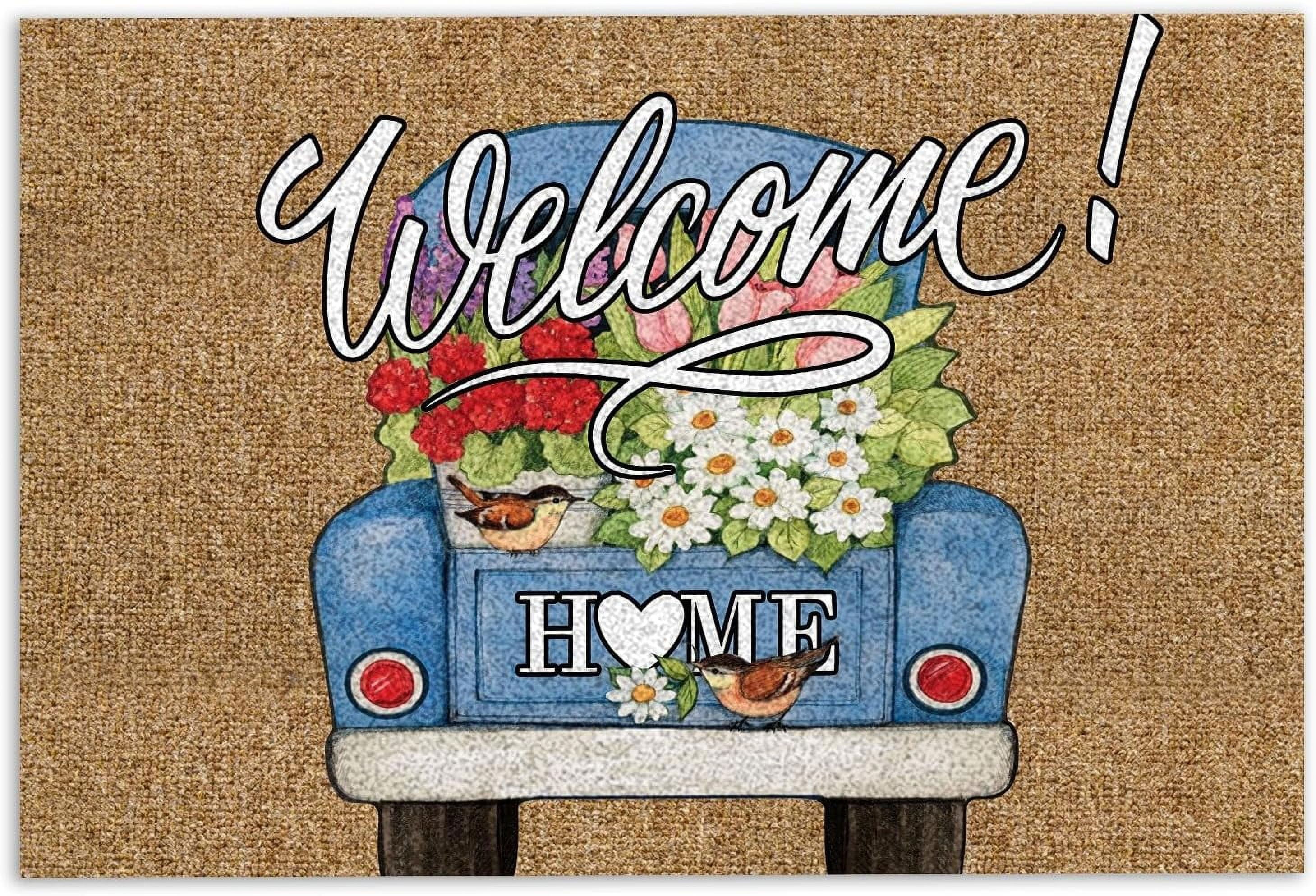 Door Mat Blue Truck Flower Bird Welcome Home Gift for Housewarming ...