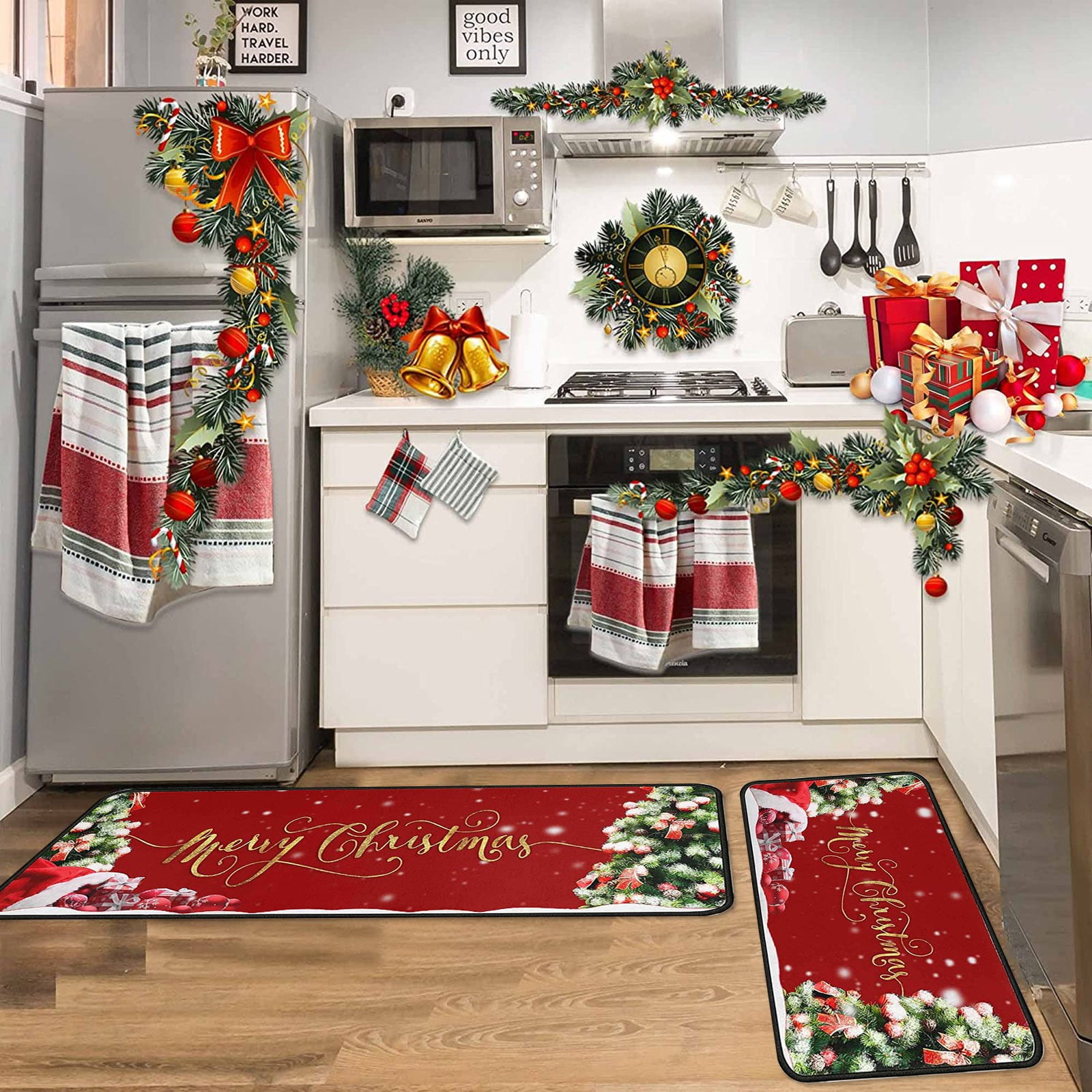 2-Piece Merry Christmas Kitchen Rug Set, Non-Slip Washable Comfortable ...