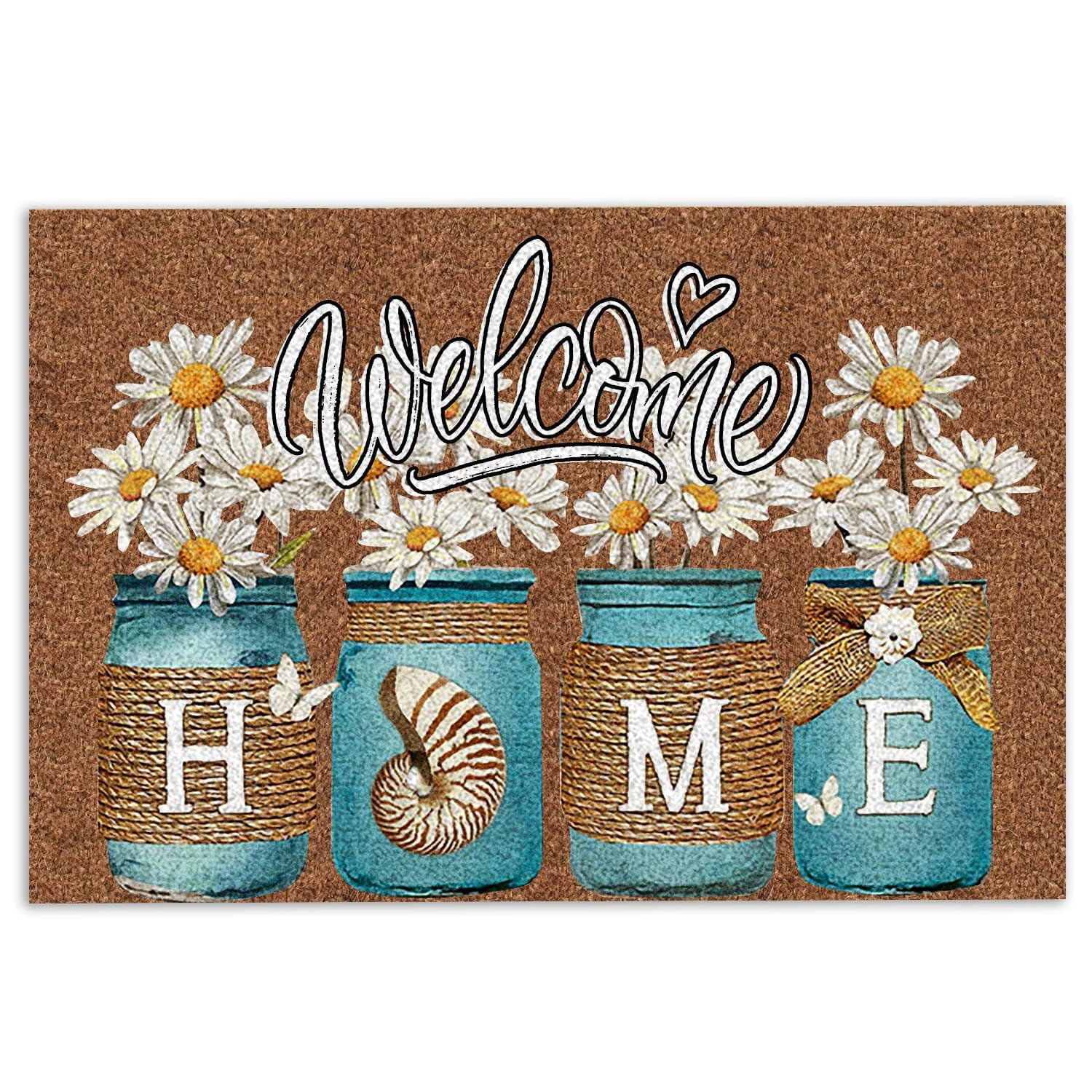 Door Mat Daisy Flower Blue Jars Floral Welcome Home Brown Housewarming ...