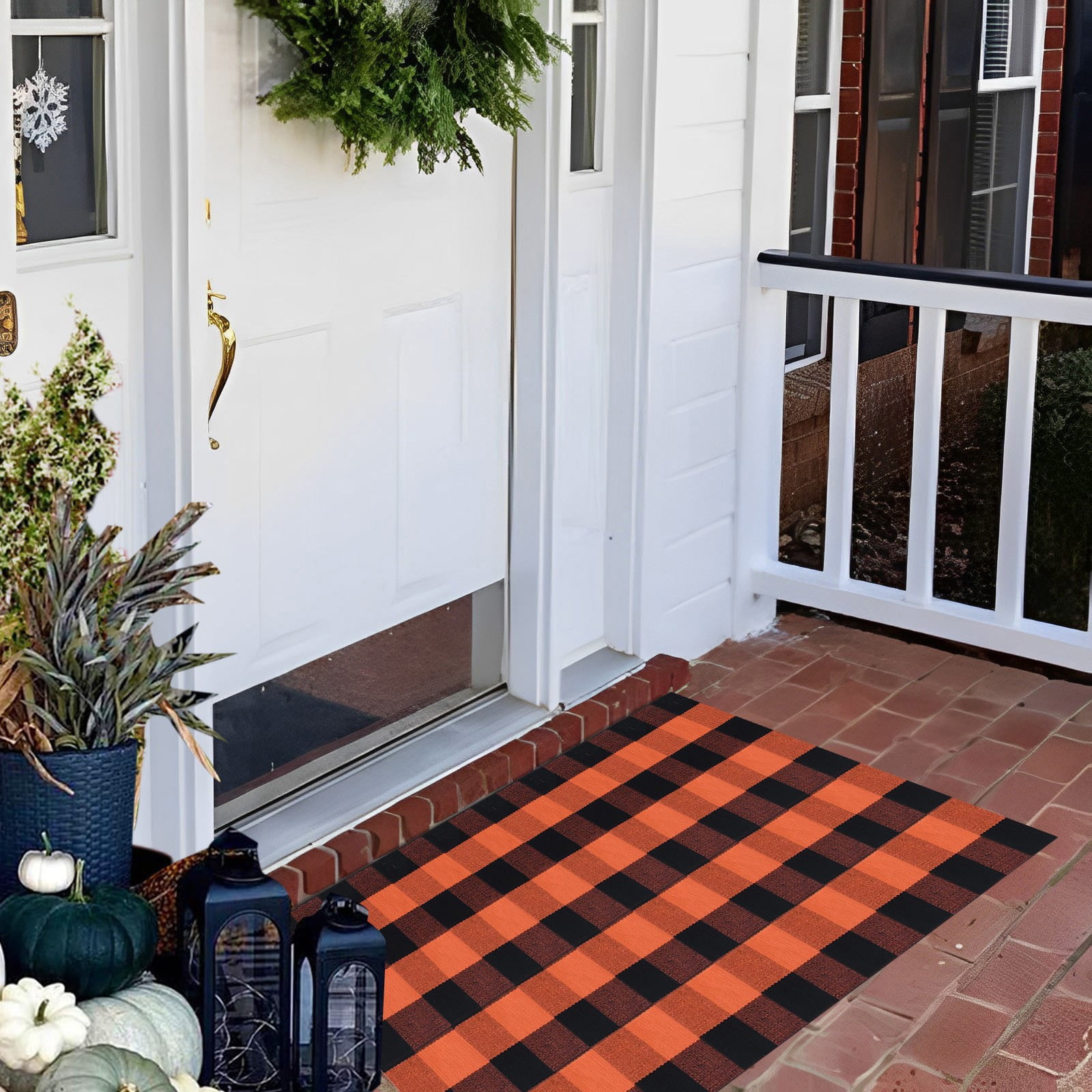 Door Mat Dirt Trapper,OGZMZ Fall Door Mat Fall Outdoor Rug Orange Plaid ...