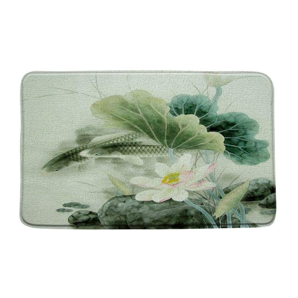 Door Mat Insert Koi Fish Bath Mat Asian Watercolor Flower Green Leaf ...