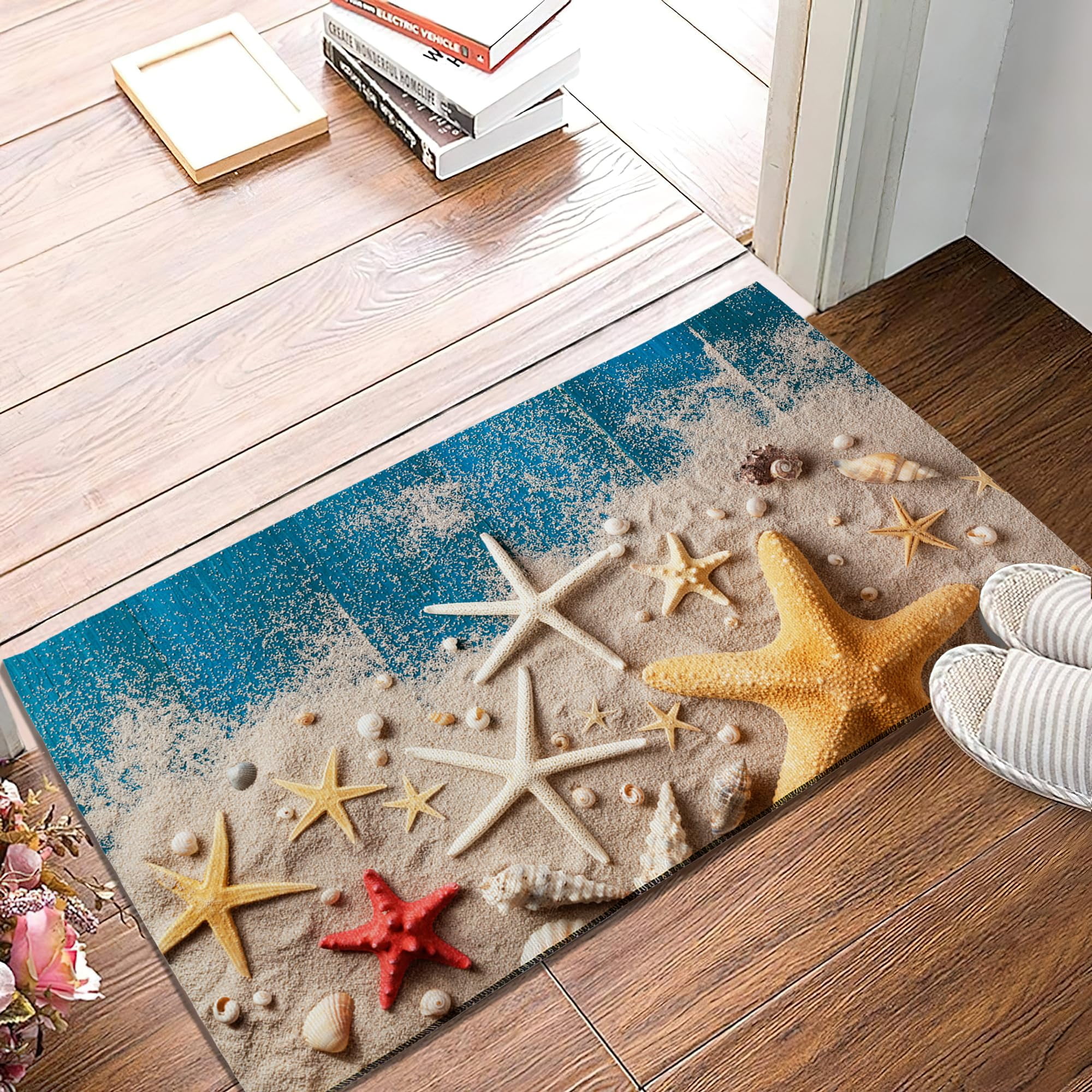 Door Mat,Seashell Starfish Welcome Mat,Blue Wooden Beach Doormats ...