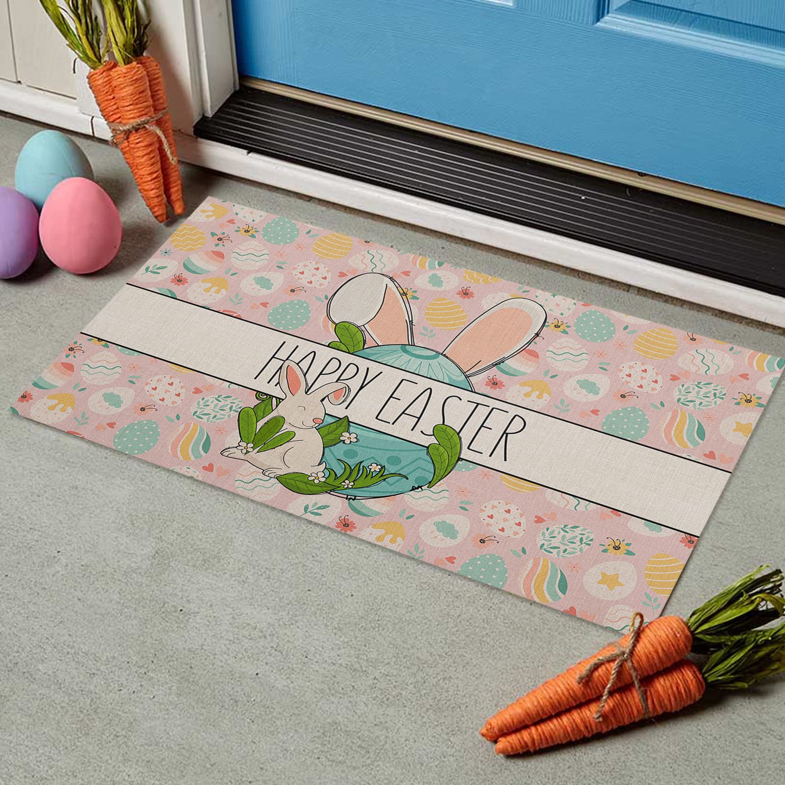 Door Mat Watercolor Happy Easter Floral Rabbit Pink Doormat Non-Slip ...