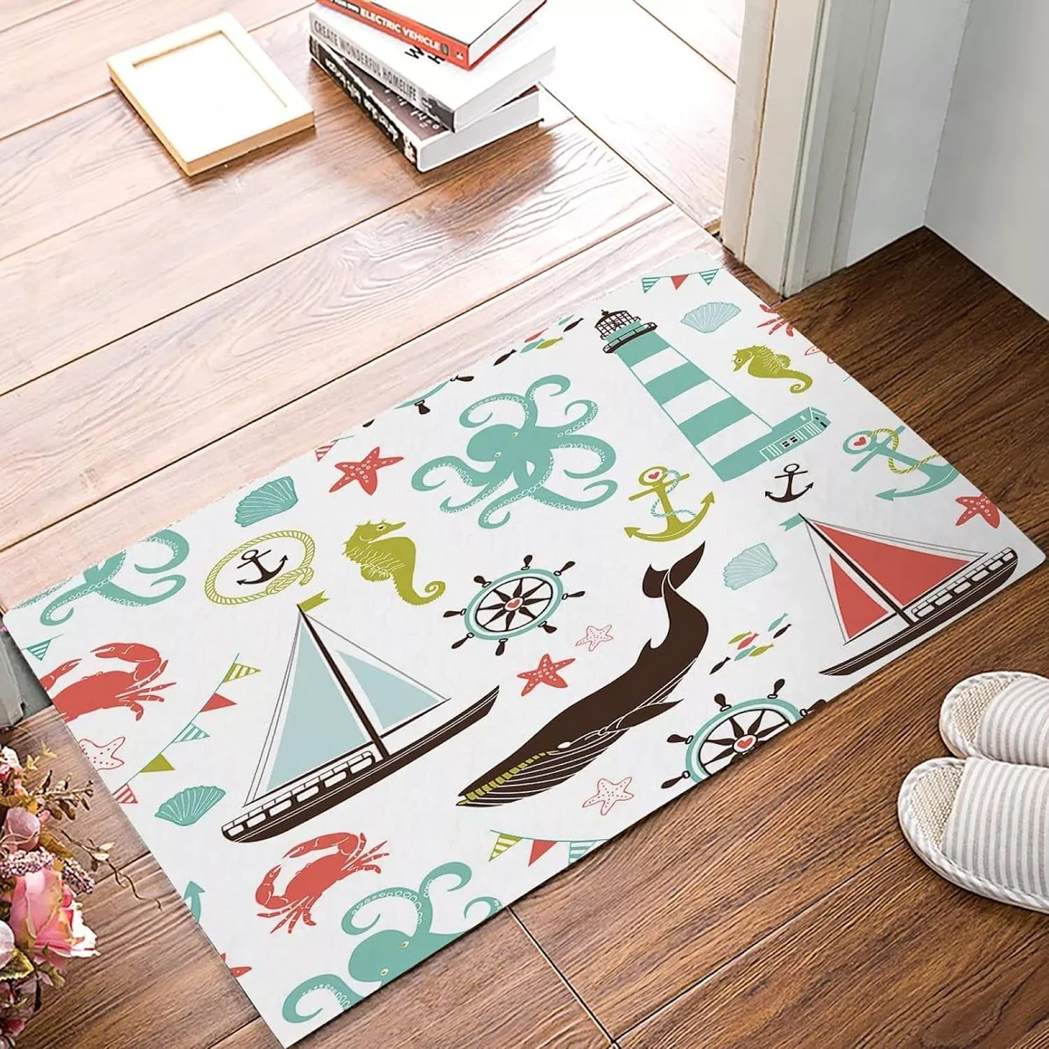 Door Mat Welcome Mat Beach Theme - Whale Starfish Seashell Boat Tower ...