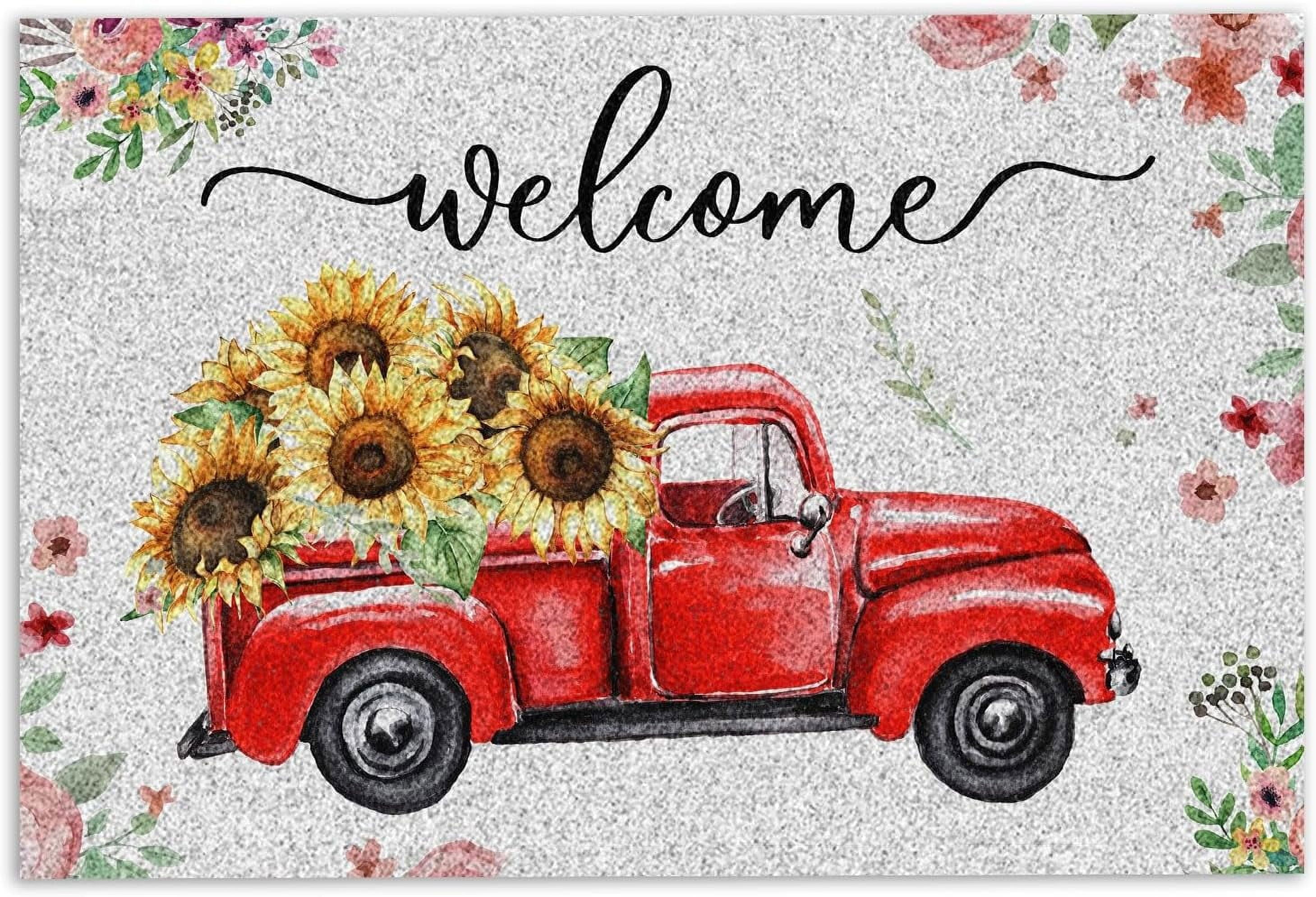 Door Mat Welcome Red Truck with Flowers Floral Farm House Grey Welcome ...