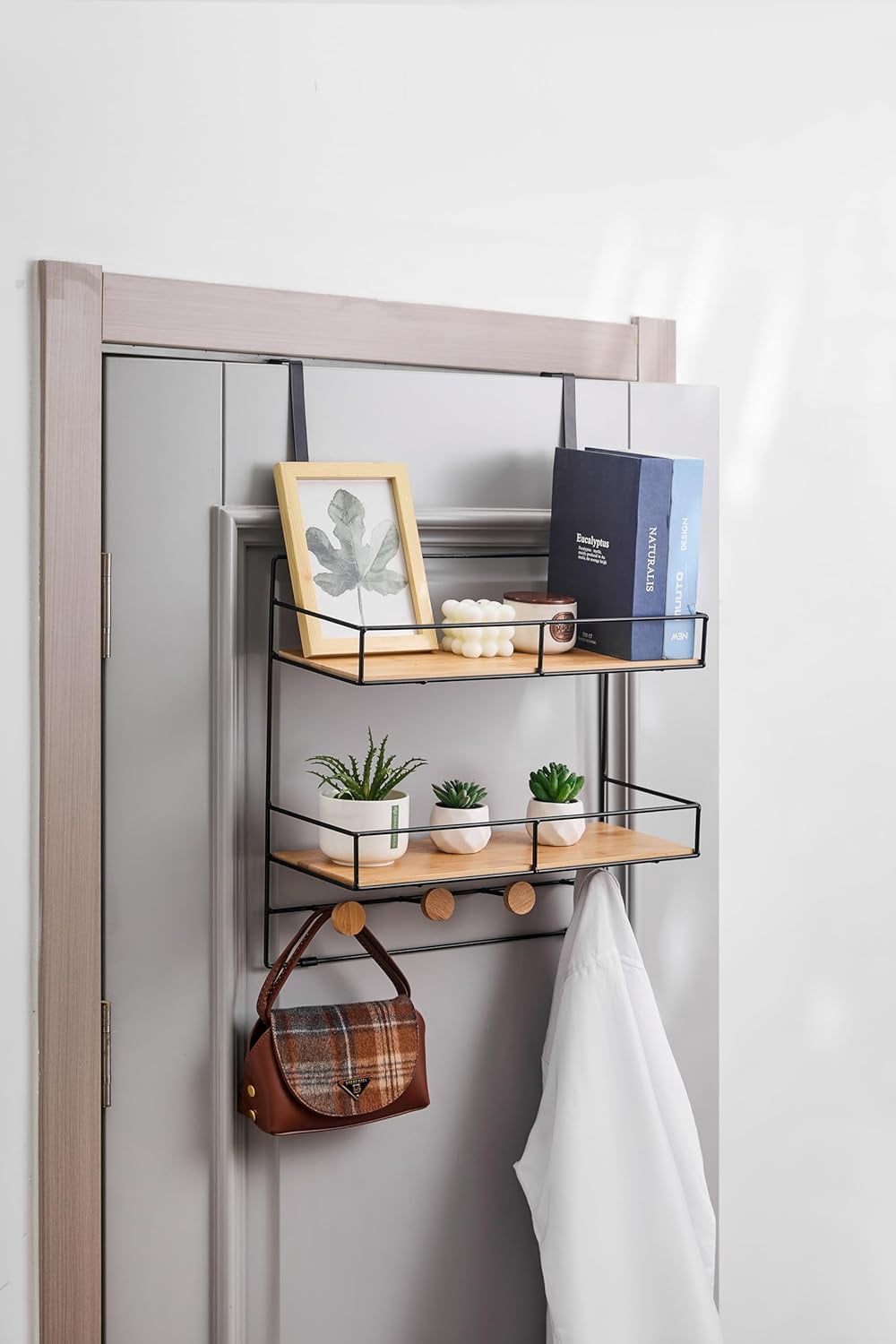 Over the Door Organizer with Hooks – 2-Tier Metal & Wood Hanging Shelf ...