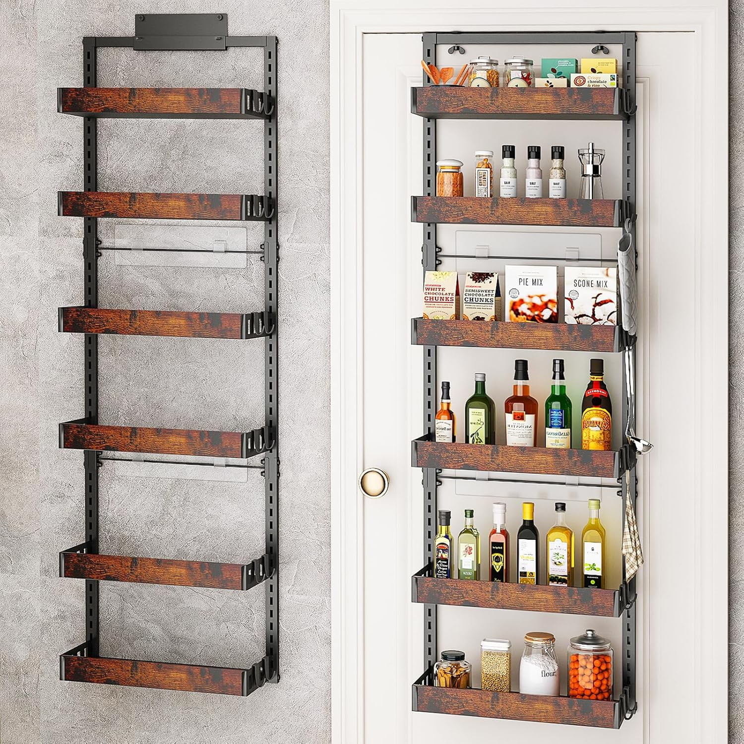Over the Door Pantry Organizer, 6-Tier Adjustable Wooden Basket Kitchen ...