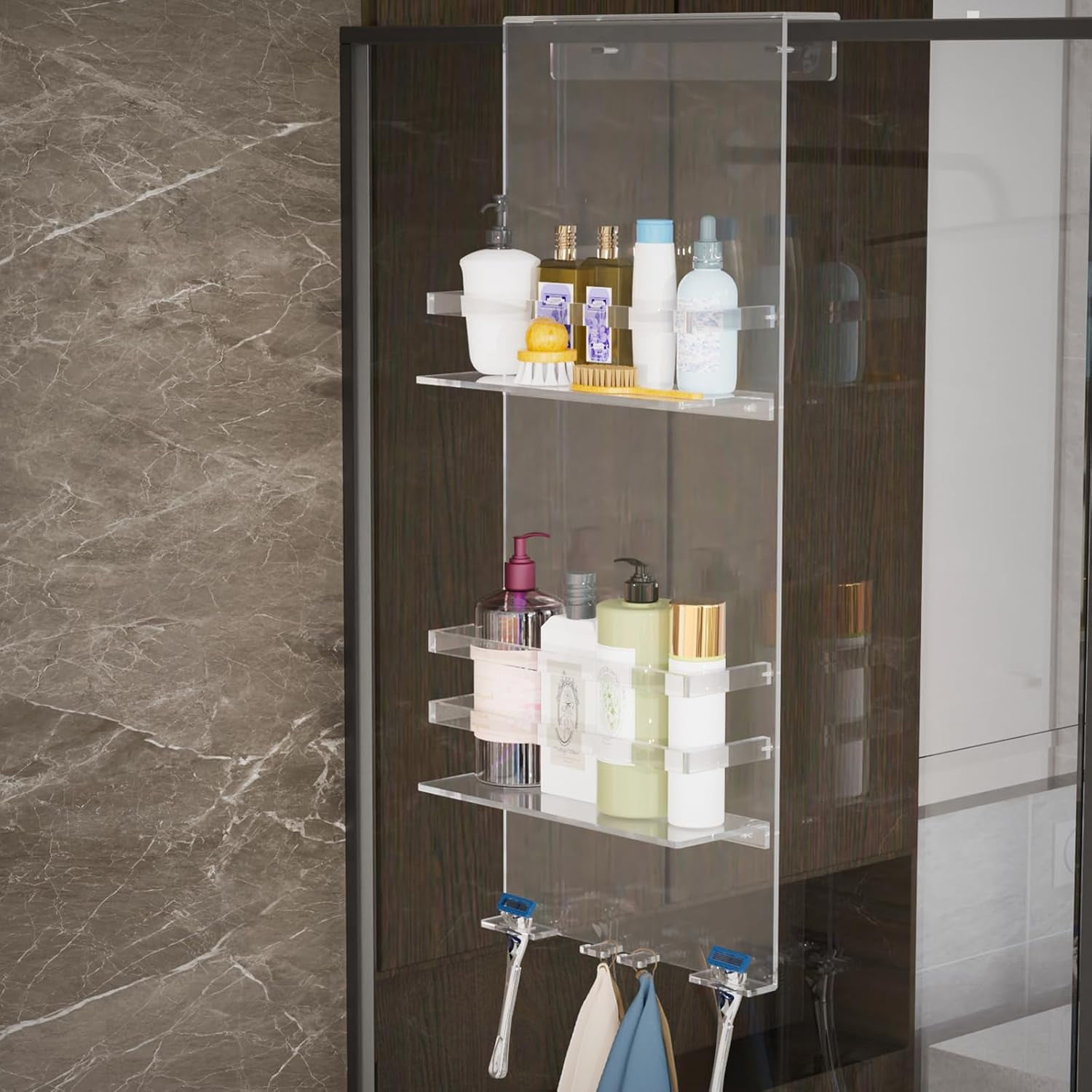 Over The Door Shower Caddy, Acrylic Shower Caddy Shelf with Hooks, No ...