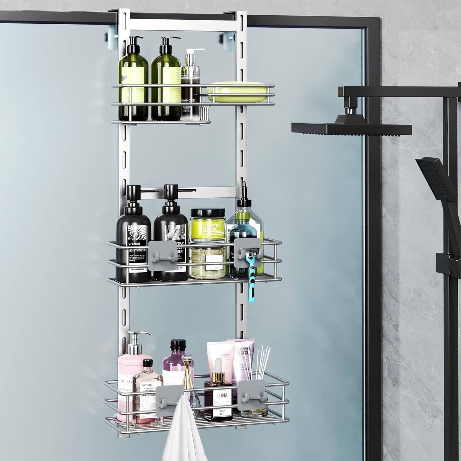 Over The Door Shower Caddy Adjustable 3 Tier Silver,Bathroom Hanging Organizer Shelf Rustproof ...