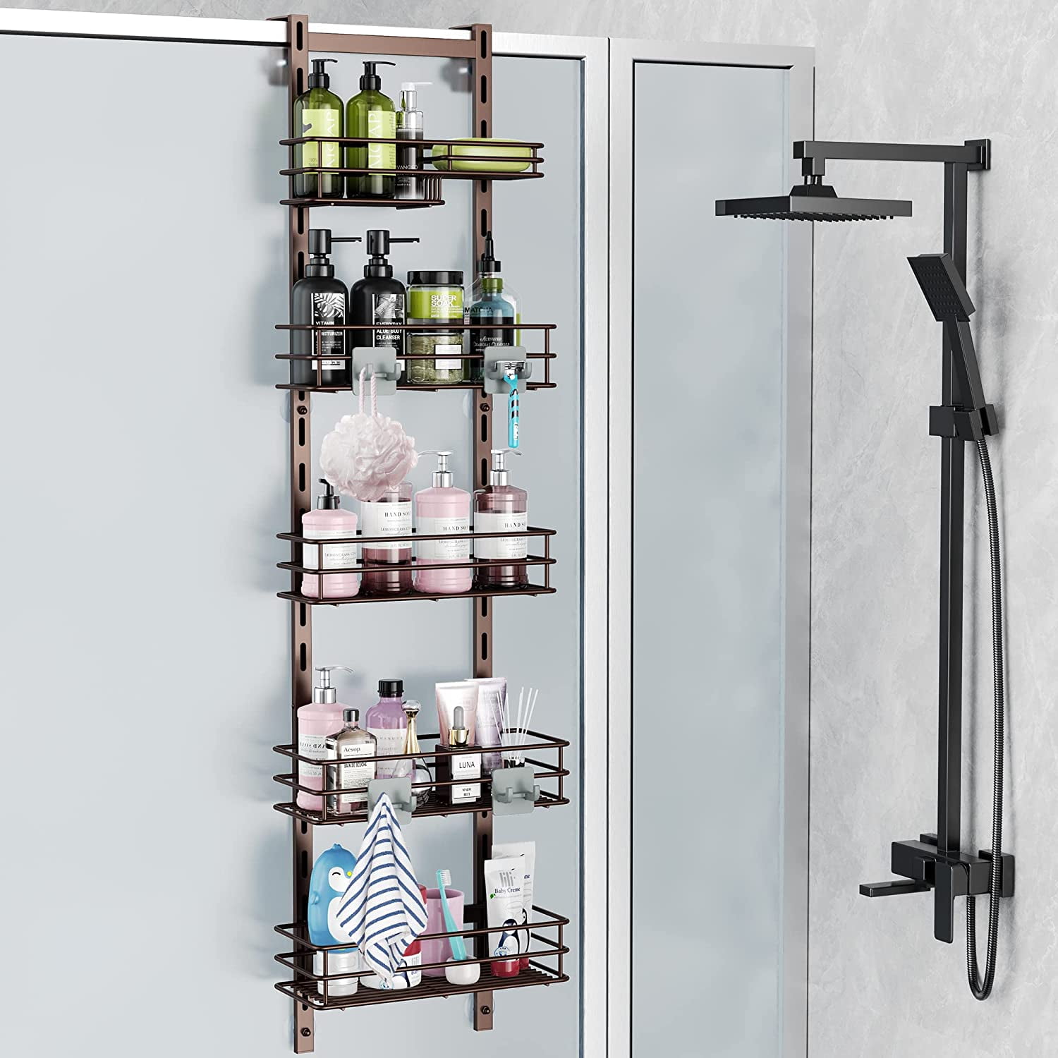 Over the Door Shower Caddy Adjustable 5 Tier Bronze,Bathroom Hanging ...
