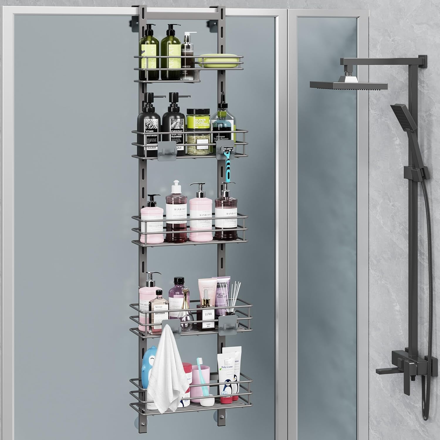 Over The Door Shower Caddy Adjustable 5 Tier Dark Grey,Bathroom Hanging ...