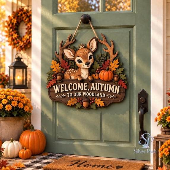 Door Sign Deer Autumn Welcome Wooden Front Porch Hanging for Fall Hosts ...
