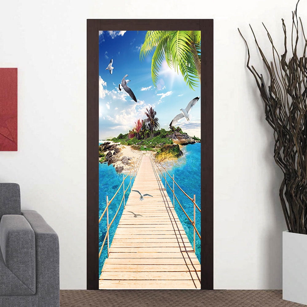 Door Stickers Adhesive 3D Wallpaper Landscape Natural Waterfall Green ...