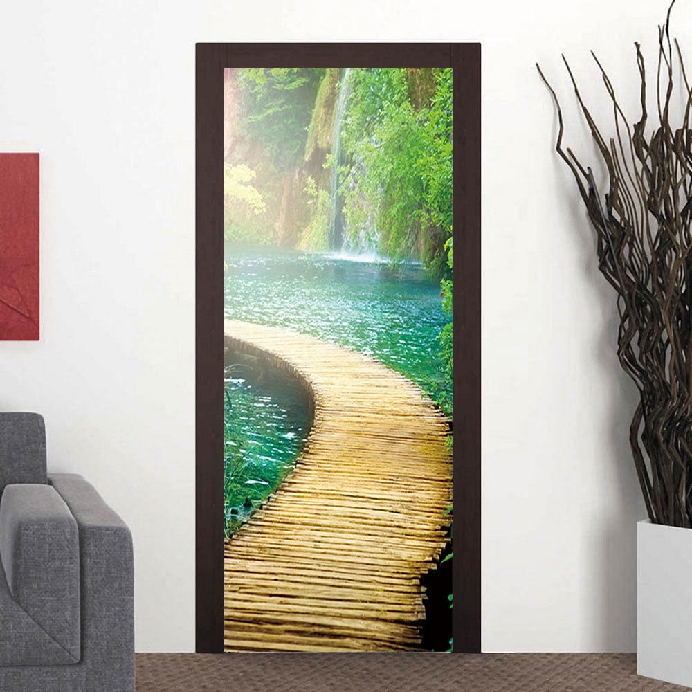 Door Stickers Adhesive 3D Wallpaper Landscape Natural Waterfall Green ...