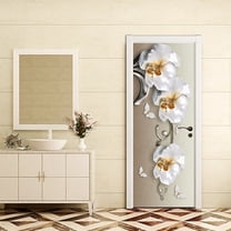 3D Door Stickers Self Adhesive White Flowers Door Mural Removable Wall ...