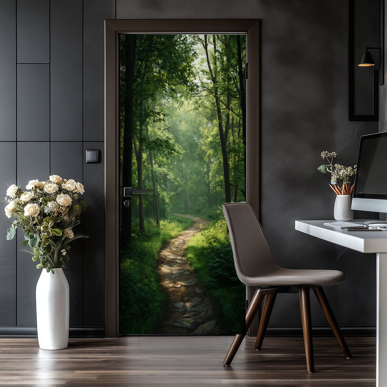 Door Stickers Peel and Stick Door Mural Sunlit Forest Pathway Green ...