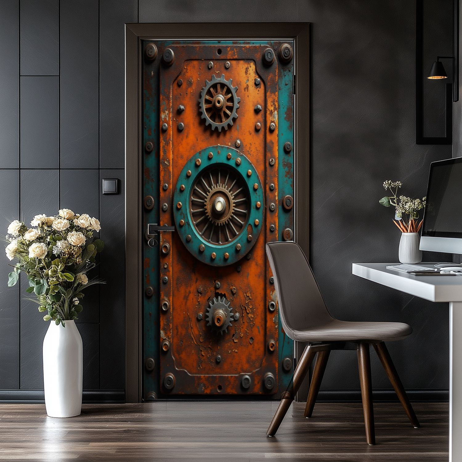 Door Stickers Peel and Stick Door Mural Rustic Steampunk Gear Mechanism ...