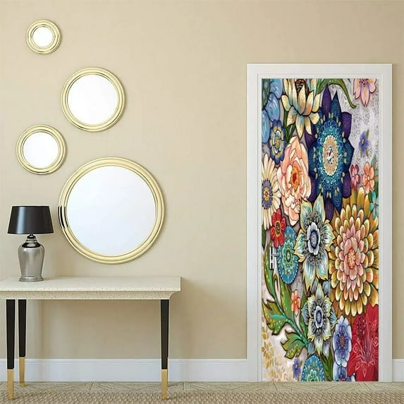 Door sticker Flower wallpaper Color Mosaic door mural oil painting art ...