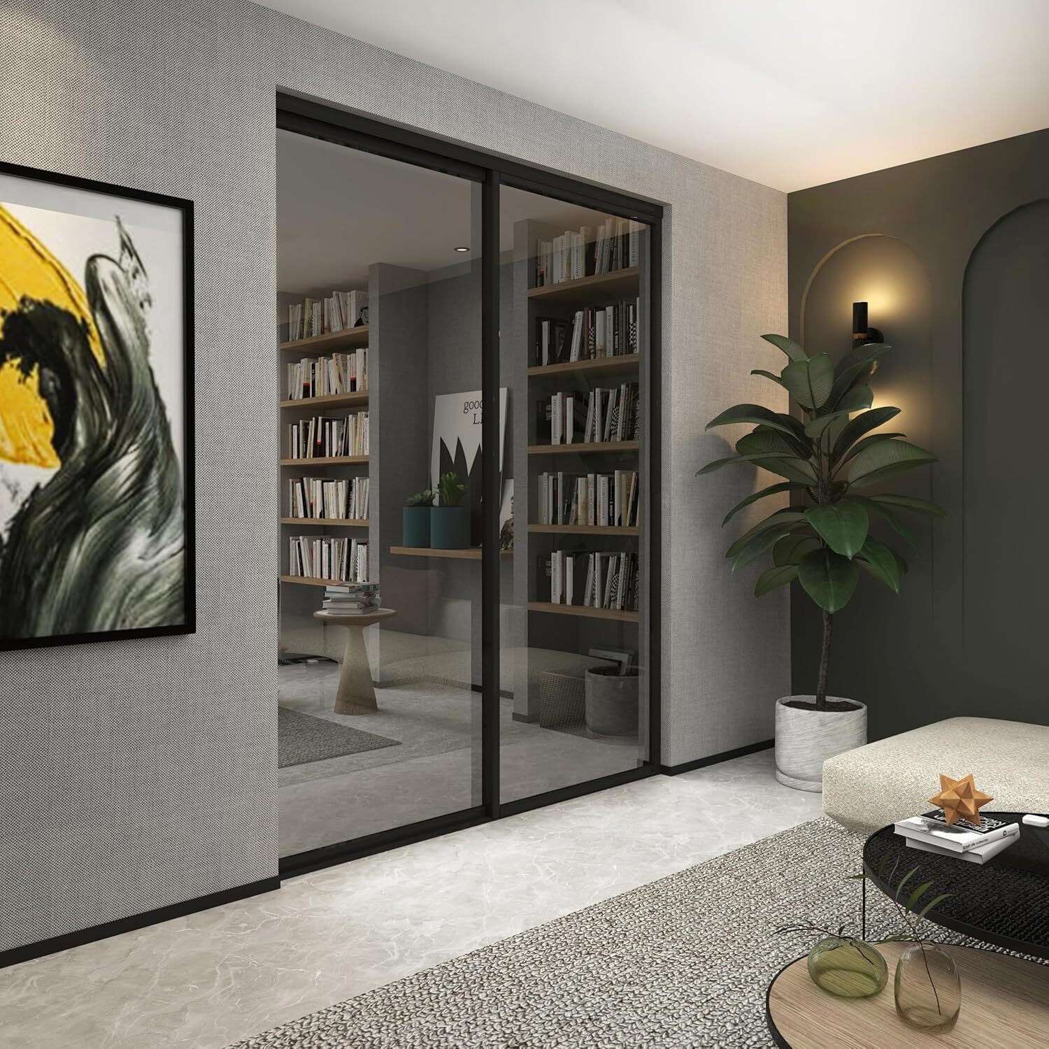 Door55 2 Panel Glass Sliding Closet Door with Aluminum Frame, Silent ...