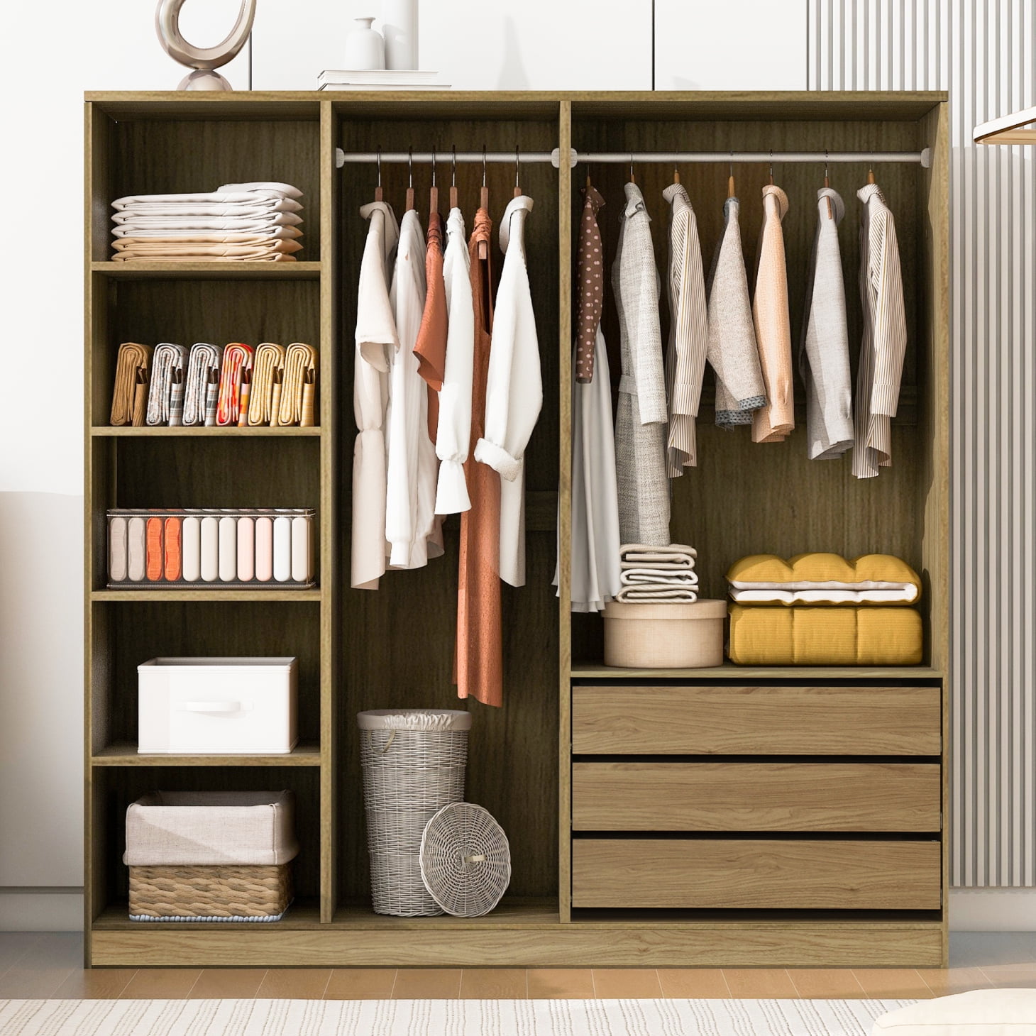 Doorless Wooden Storage Wardrobe with 5 Storage Shelves, 2 Hanging Rod ...