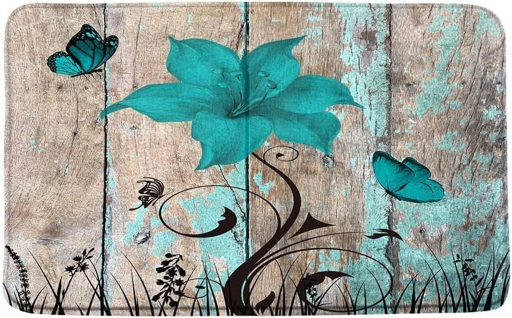 Doormat 16x24 Inch Porch Mat Floral Bath Mat Turquoise Wooden Plank ...
