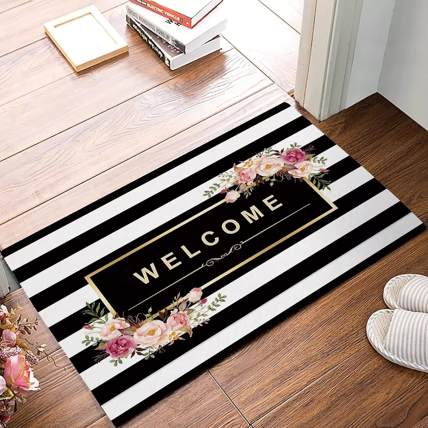 Doormat 3D Printing Black and White Stripe Floral Welcome Door Mats ...